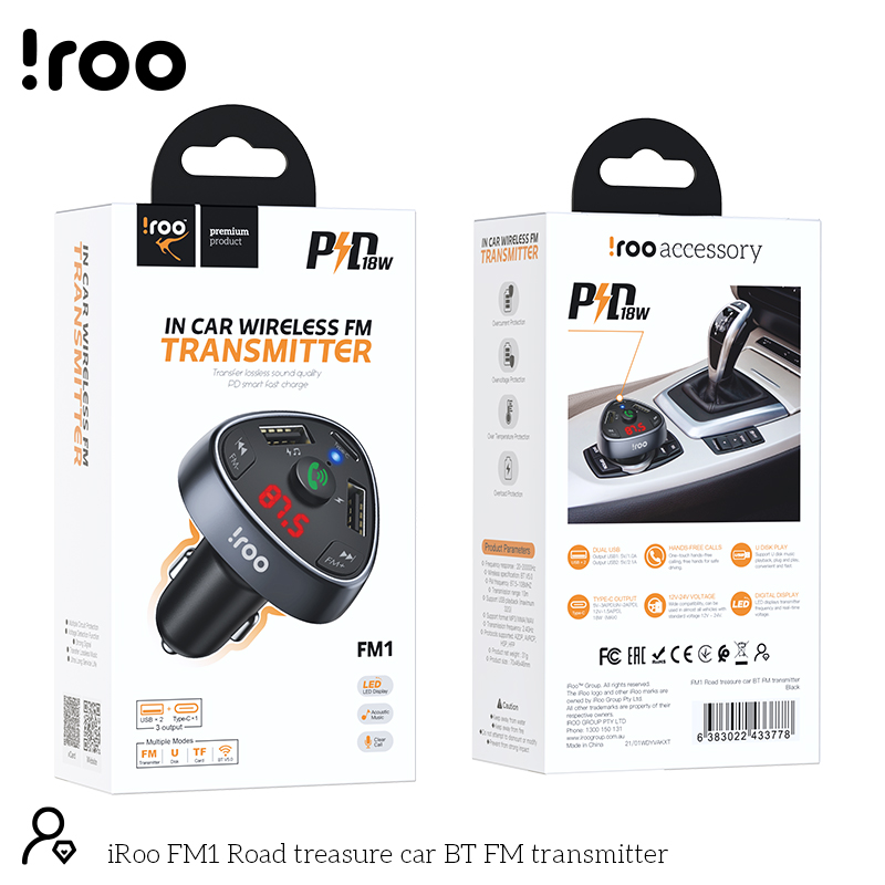 iRoo FM1 | PD 18W Bluetooth FM Transmitter /w Mic | IROO GROUP
